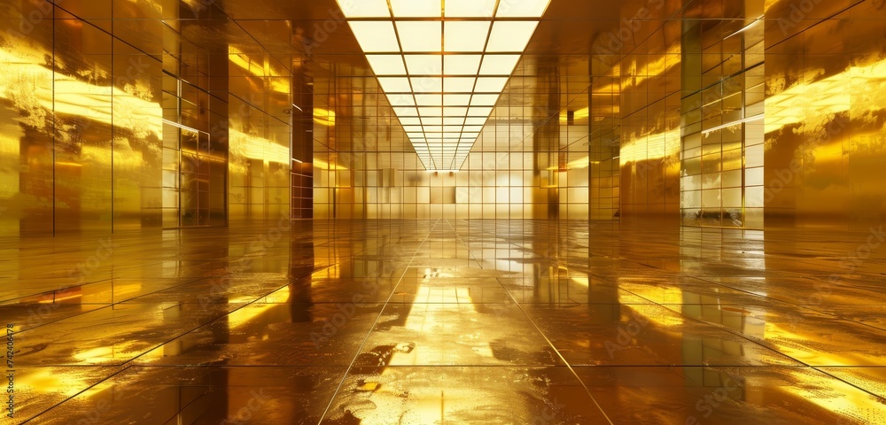 A passage bathed in golden light showcases a reflective floor and walls ...