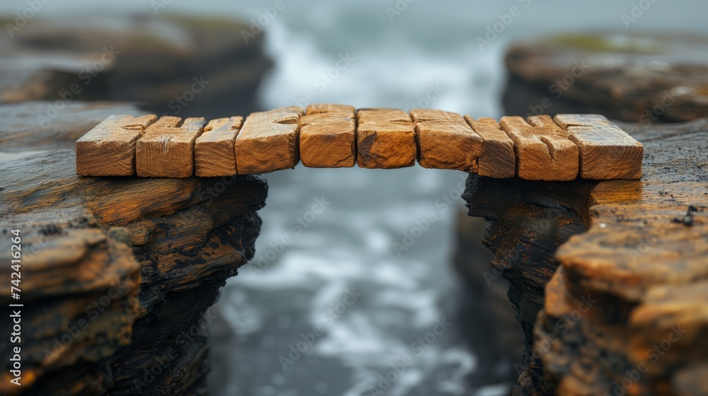 Handcrafted wooden bridge over rocky gap, concept of overcoming ...