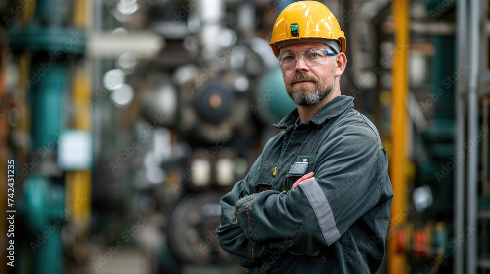 industrial worker stand confidently in sprawling manufacturing plant ...