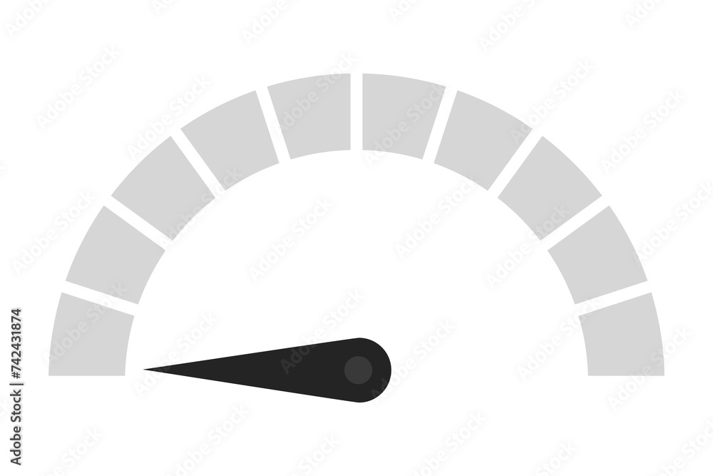 Speedometer with color scale and zero value. Measure, needle, speed, 0 ...