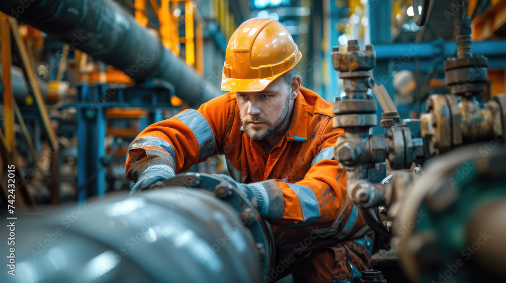 industrial worker stand confidently in sprawling manufacturing plant ...