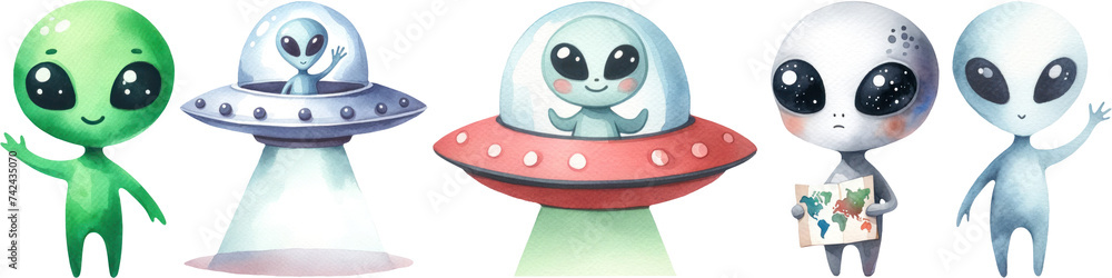Friendly Cartoon Aliens and Their Spaceships. A charming set of cartoon ...