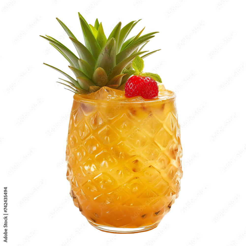Extreme front view of a Piña Fria in a pineapple-shaped glass isolated ...