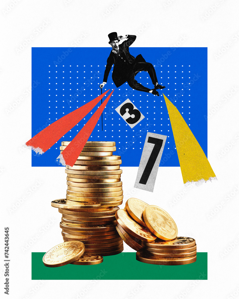 Poster. Contemporary art collage. Young man lands in pile of golden ...