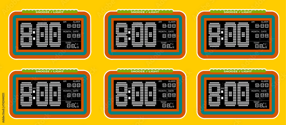 A set of six colorful Digital Clock showing time , date, temperature ...
