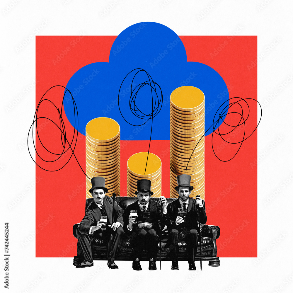 Poster. Modern aesthetic artwork. Investors sitting on couch against ...