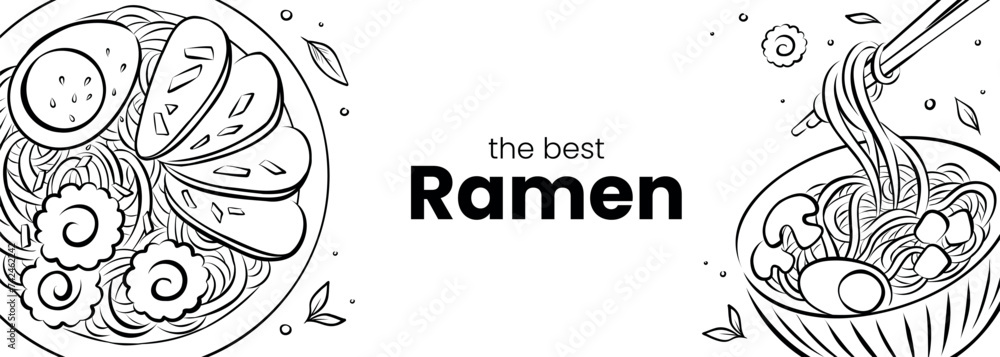 Line art of Ramen soup isolated on a white background. Hand-drawn ...