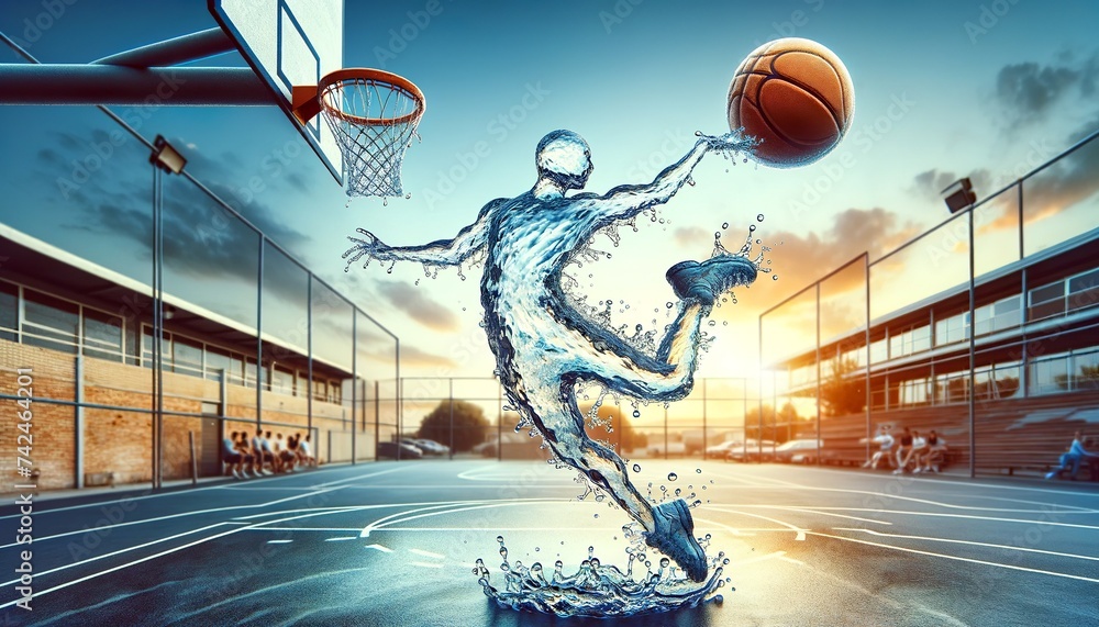 A dynamic basketball player made entirely of water executes a slam dunk ...