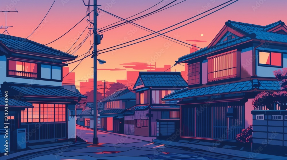 Traditional Japanese street at dusk. Stylized digital illustration of ...
