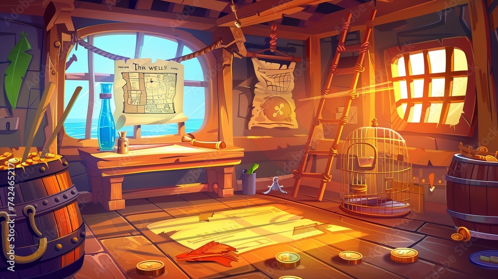 Pirate captain's ship cabin interior illustration with a wooden room ...