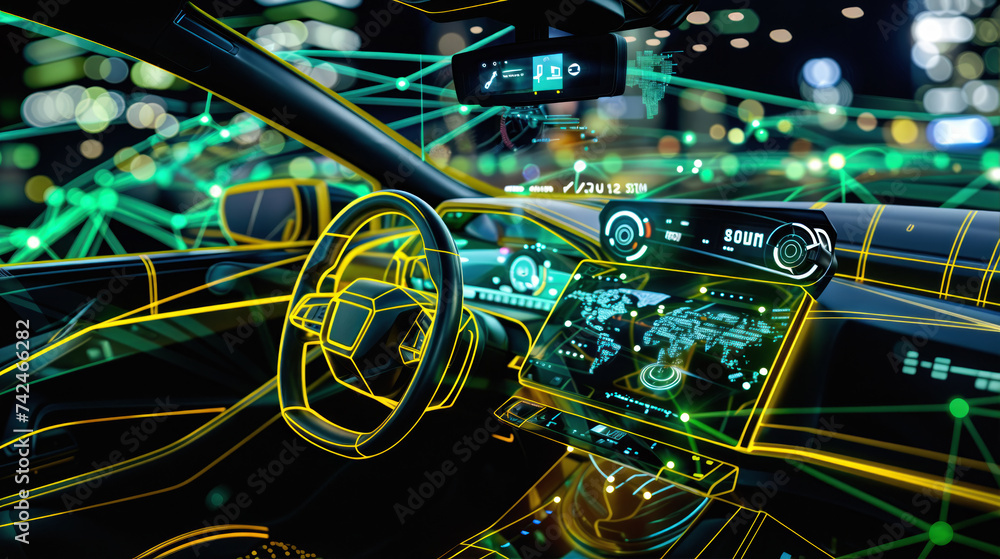 Interior of self driving car with digital dashboard in neon lines ...