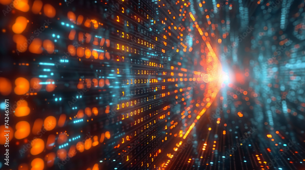 Abstract digital concept of a high-speed data stream, binary code flowing through a cyberspace ...