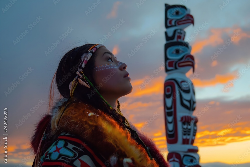 Alaskan Native woman in traditional attire standing before a totem pole ...