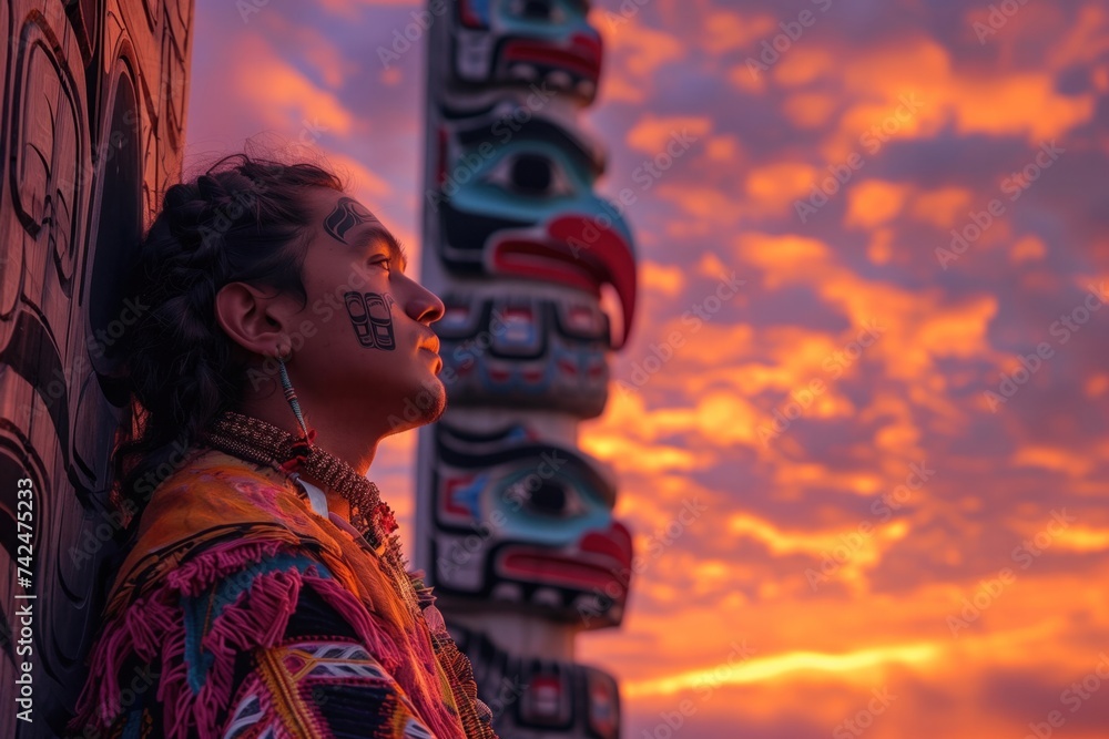 Alaskan Native man in traditional attire standing before a totem pole ...