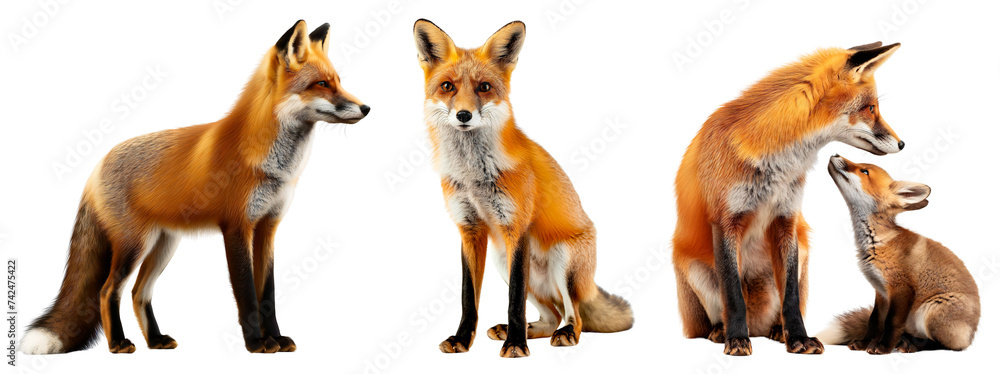 Set of foxes. Side view of the fox. Fox front view. Mother fox and ...