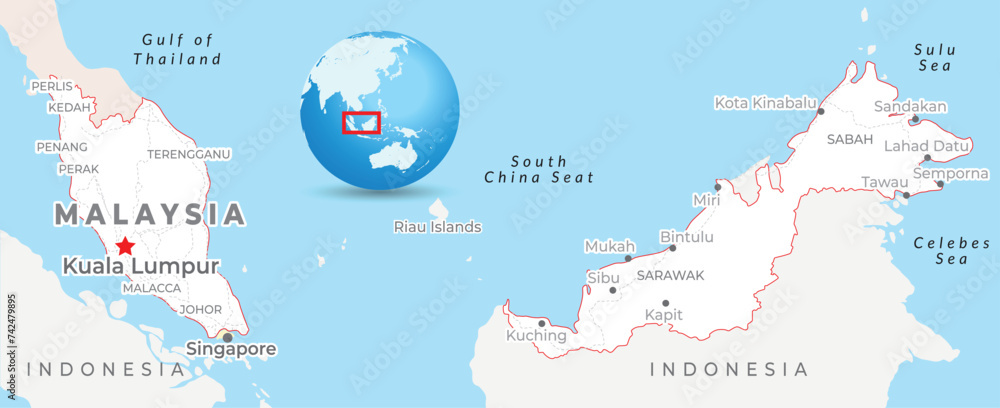 Malaysia map with capital Kuala Lumpur, most important cities and ...