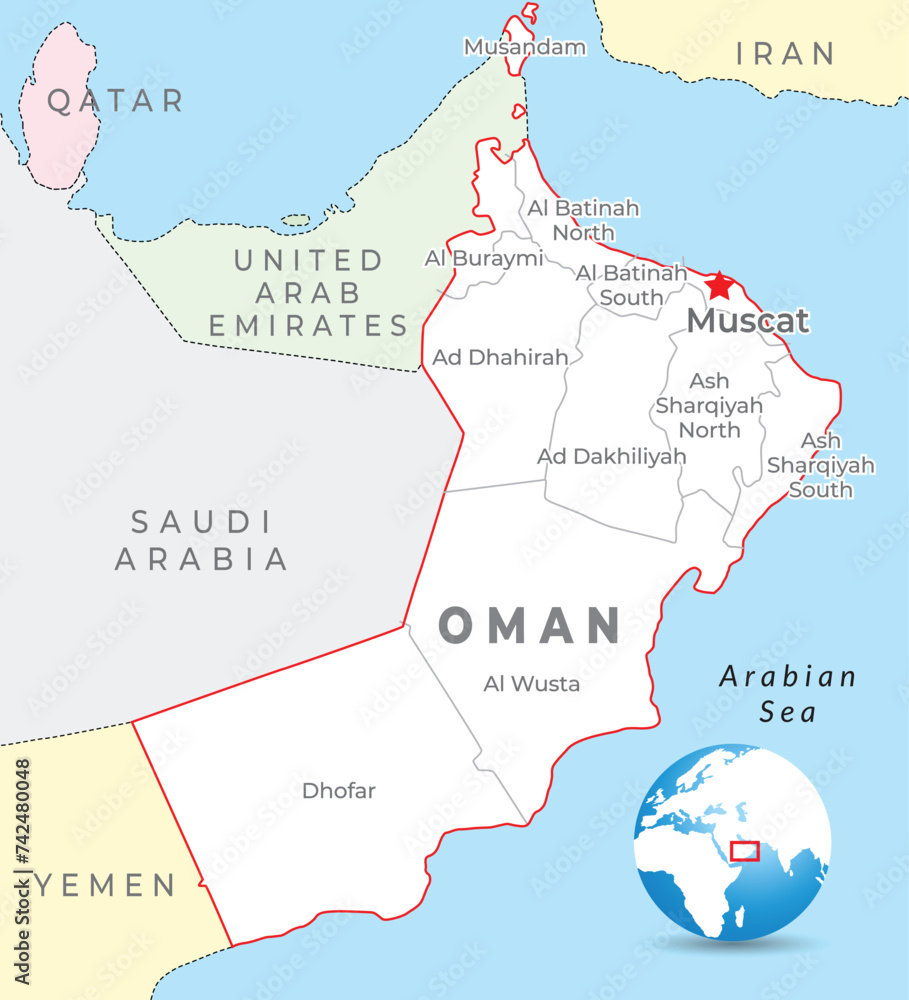Oman map with capital Muscat, most important cities and national ...