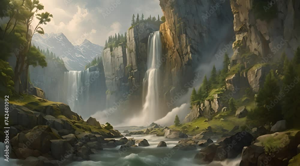 Abstract animation gigantic waterfall. Towering, powerful, pristine ...