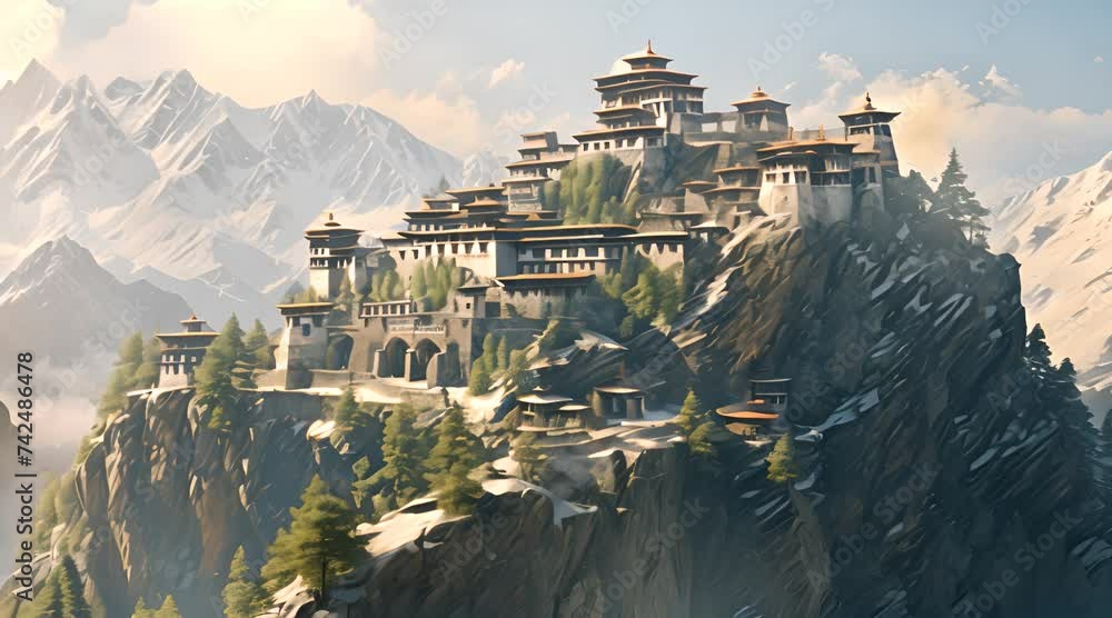 Abstract animation castle towers against misty mountains. Imperial ...