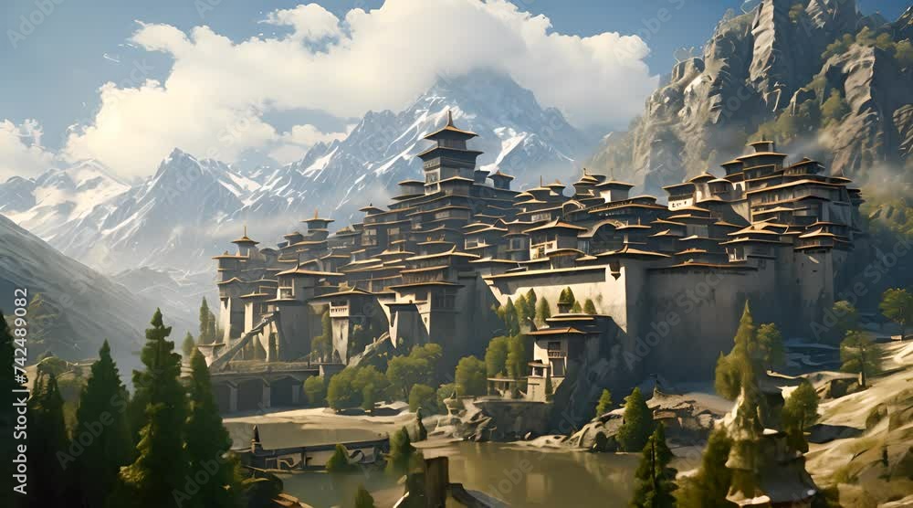 Abstract animation castle towers against misty mountains. Imperial ...