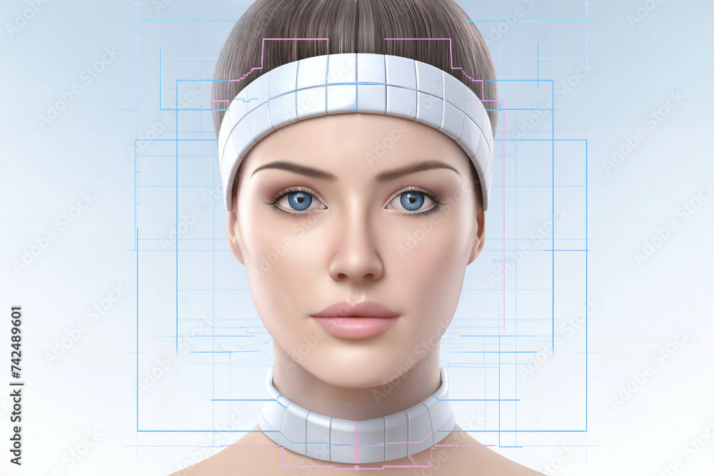 rendering of a woman's face in a simple 3D style on a light background ...