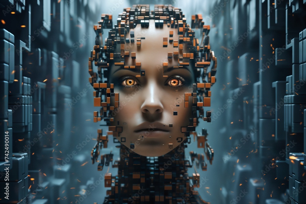 woman's face with 3D cubes and particles in space as symbol of ...