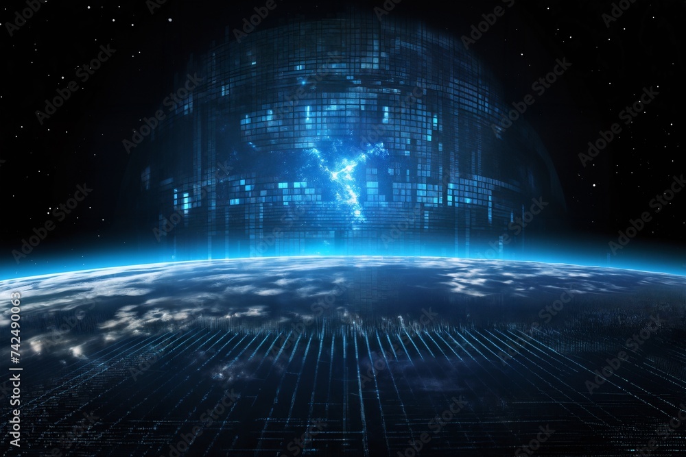 surface of earth planet with futuristic computer technology and mega ...