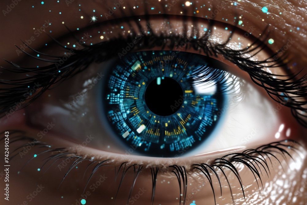 human eye with digital implant, concept of enhanced reality and digital ...