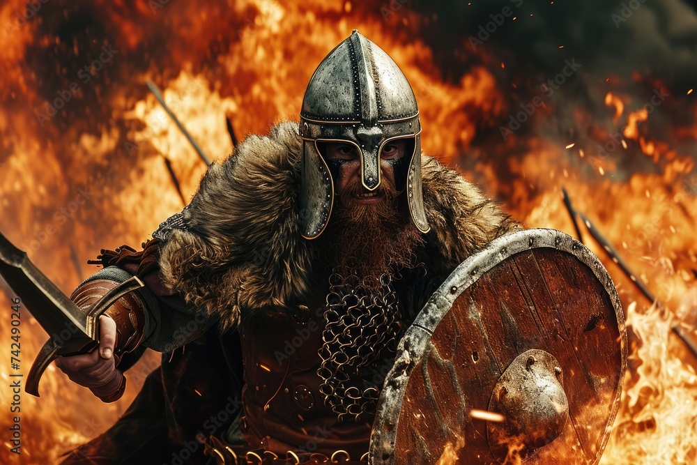 Legendary Norse Warrior: With a Shield and Gladius Sword in Hands, a ...