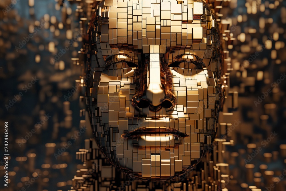human's face with 3D cubes and particles in space as symbol of ...