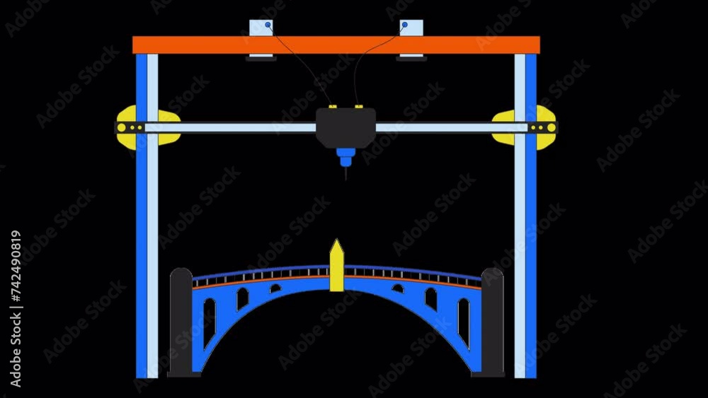 3D printed bridge line cartoon animation. Prototyping urban ...