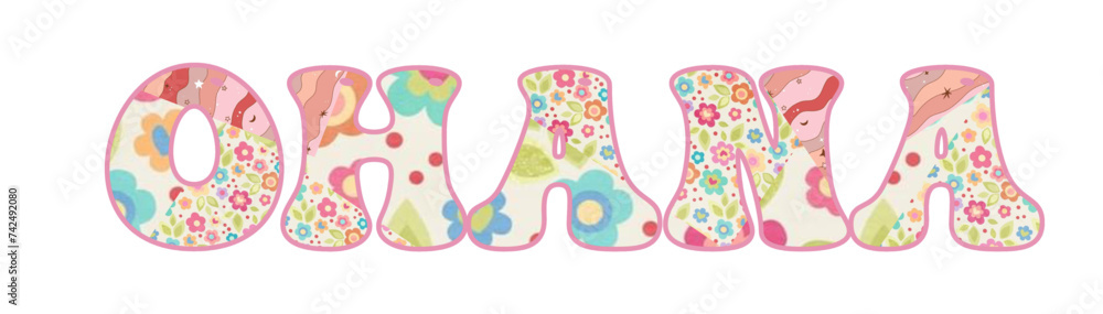 Ohana written with engraved typical Hawaiian flowers - vector graphics ...