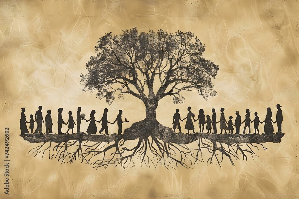 Genealogy chart depicting lineage through symbolic tree branches and ...