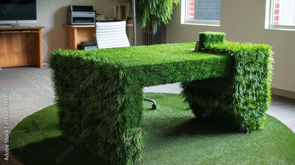 Artificial Turf Desk - An office desk covered entirely in artificial ...