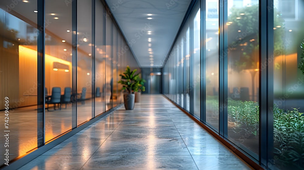 Modern Hallway in a Business Office Building with Glass Walls and ...