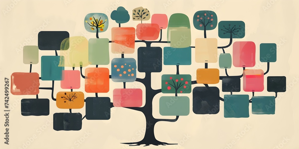Colorful family tree template with blank cells on a light background ...