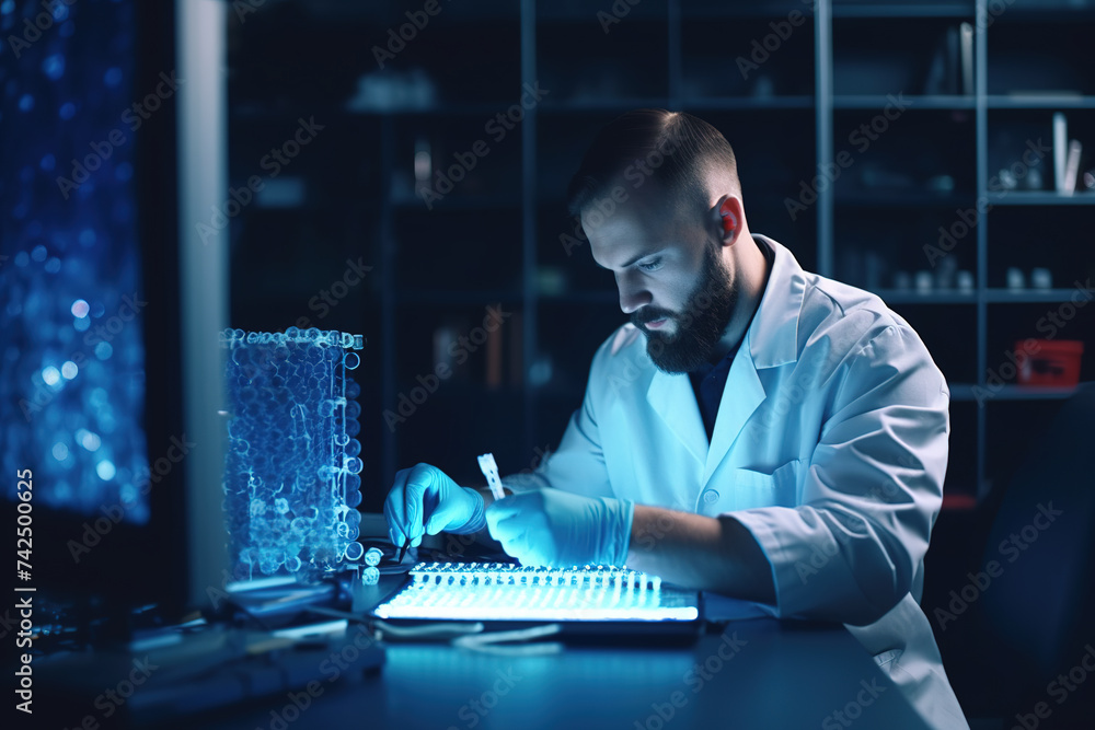 Researcher analyzing tissues and recording data results in a report ...