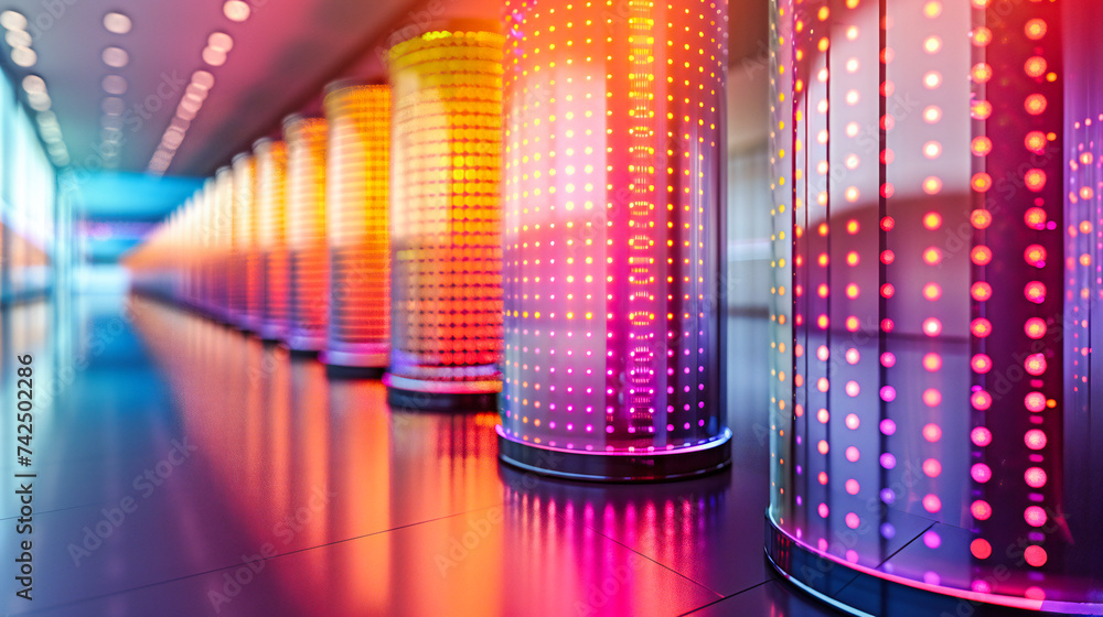 Modern technology concept with bright neon lights and abstract patterns ...