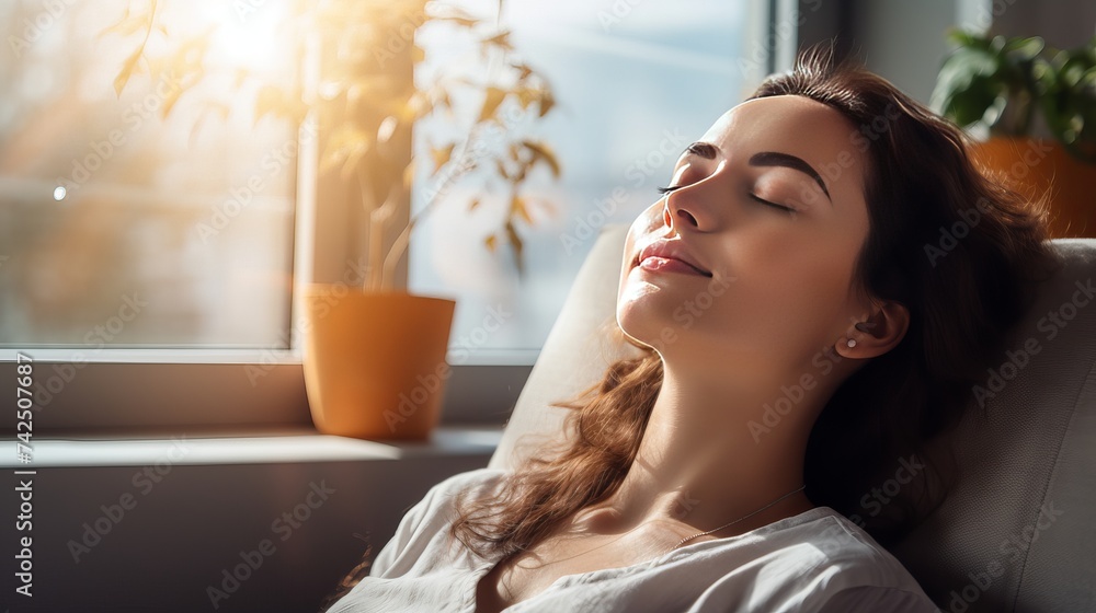 Relaxed serene pretty young woman feel fatigue lounge on comfortable ...