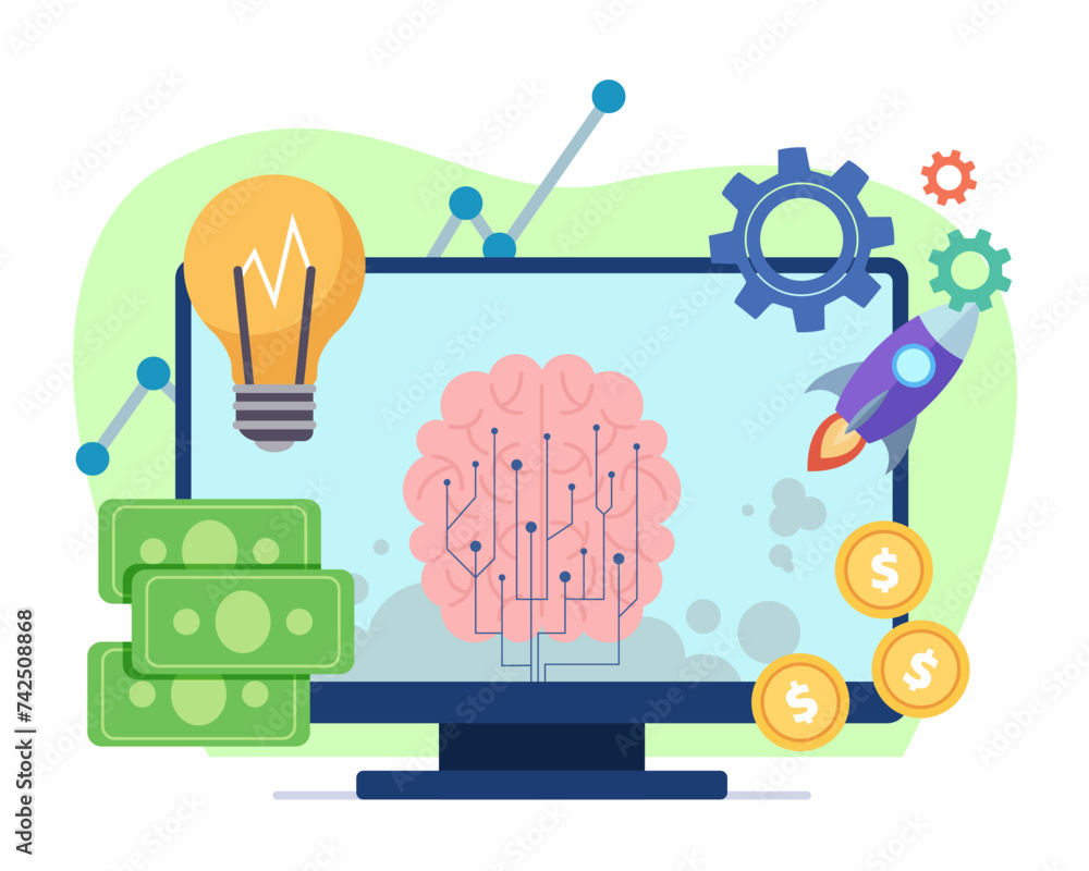 Computer with AI brains vector illustration. Lightbulb, rocket, gear ...