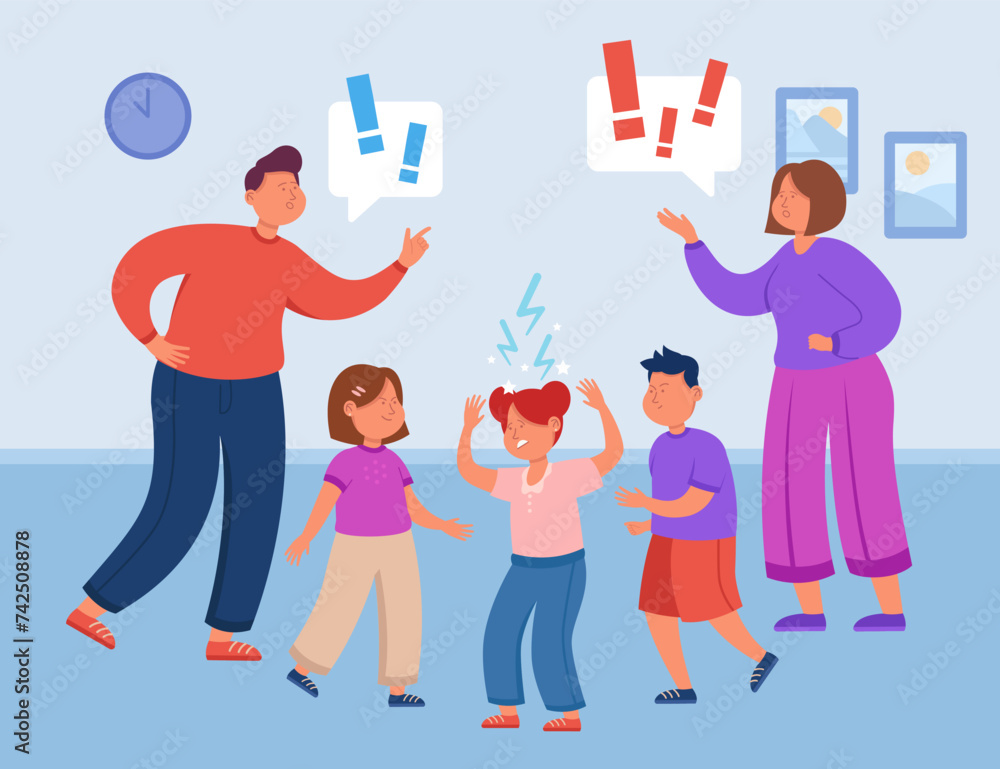Conflict between brother and sisters vector illustration. Parents ...