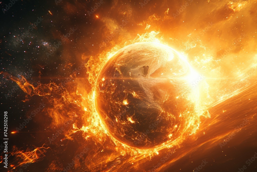 solar storm, magnetic storms. Fiery planet engulfed in flames with a ...