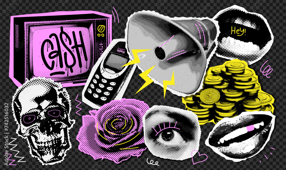 Trendy punk y2k collage paper sticker set with retro halftone collage ...