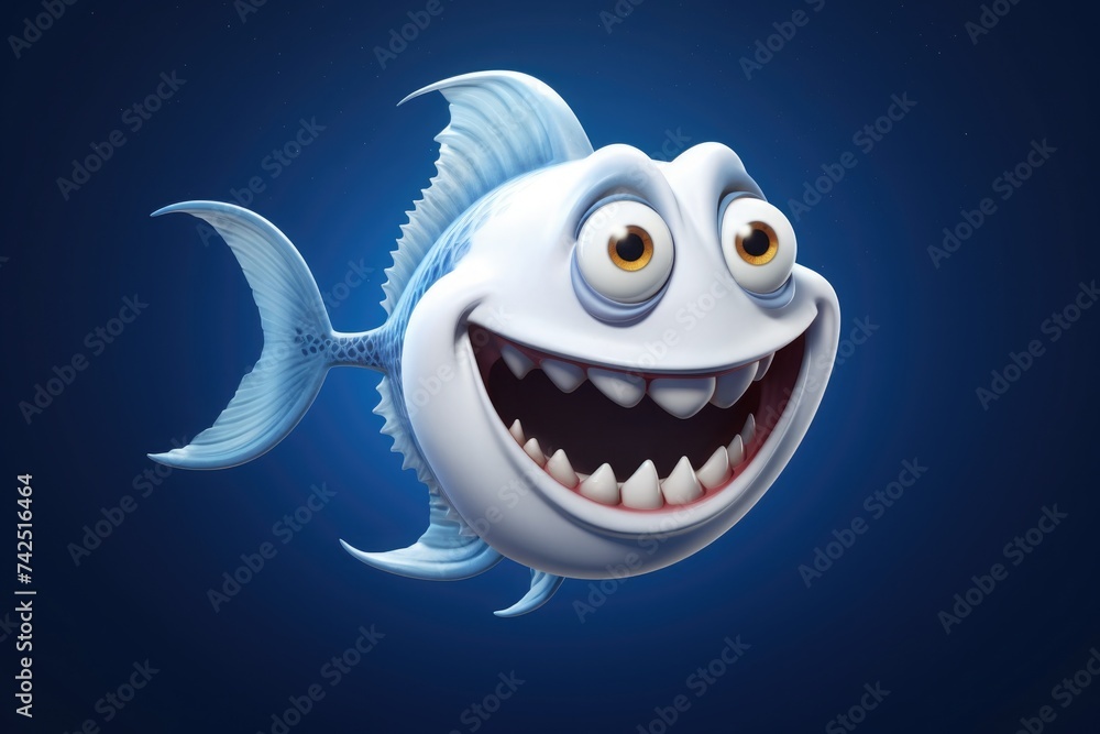 Cartoon white and blue joyful fish with wide smile and sharp teeth ...