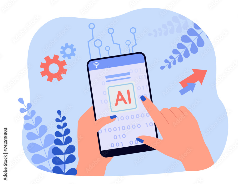 Hands holding smartphone with AI vector illustration. Using mobile ...