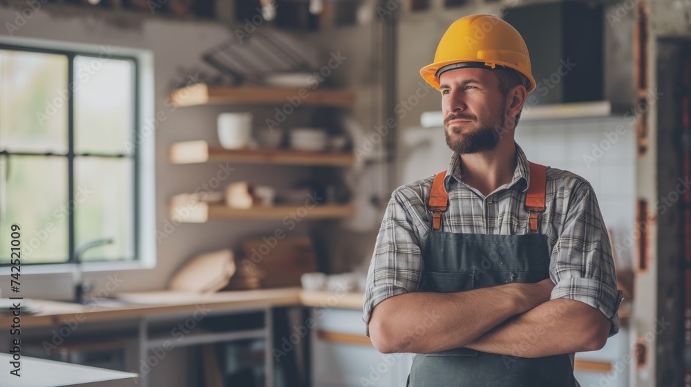 Confident construction worker in a hard hat, representing ...