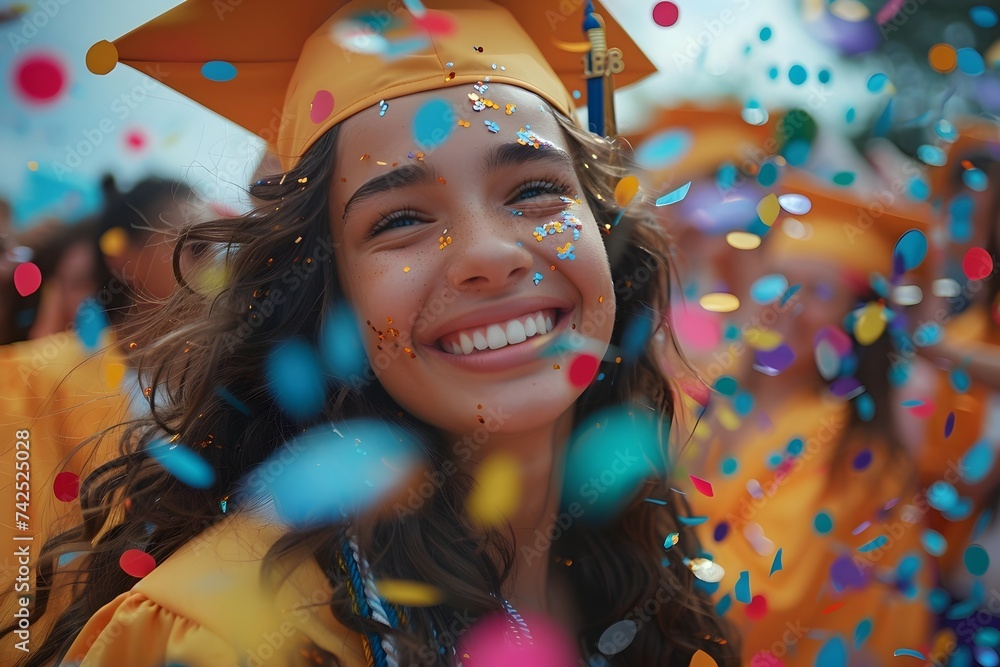 a girl participate celebration of graduation. graduate wear cap and ...