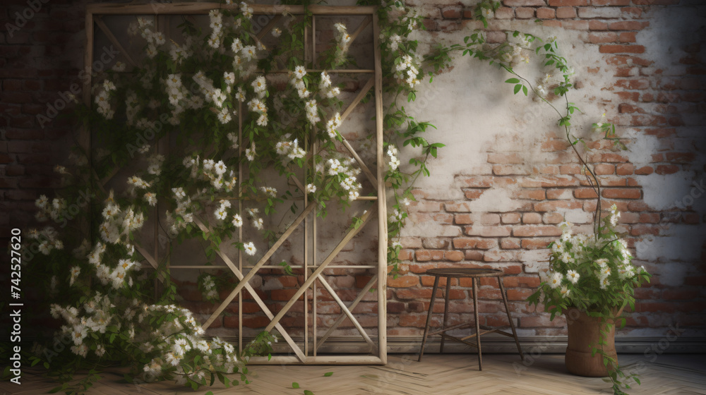 Capture hyper-realistic images of Jasmine climbing a rustic trellis ...