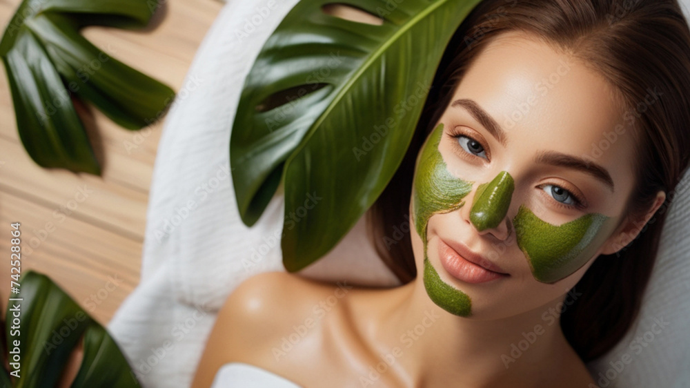 Gorgeous young woman with skin care green mask on her face, for ...