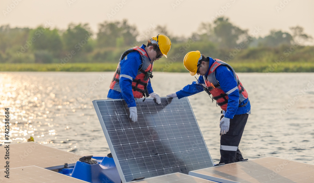 Engineers inspect the structural stability and alignment of floating ...